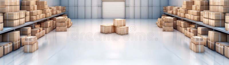 Spacious Warehouse Interior with Organized Shelves of Cardboard Boxes, Neatly Stacked for ...