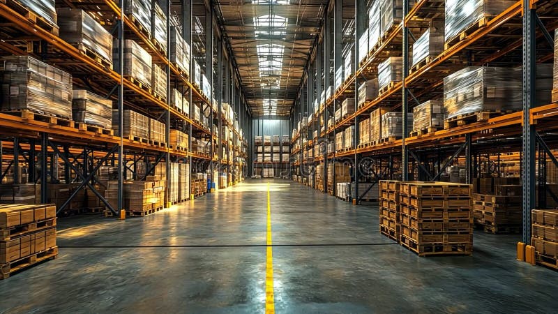 Spacious Warehouse Interior with Organized Shelving and Stacked Pallets ...