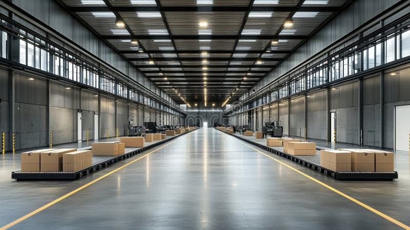 Spacious Warehouse Interior with Rows of Boxes on Pallets Stock ...
