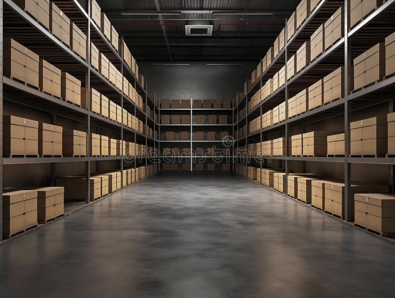 Spacious Warehouse Interior with Rows of Shelves Filled with Boxes ...