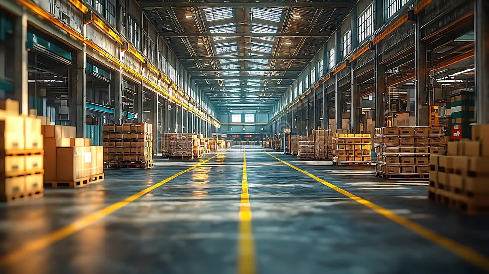 Spacious Warehouse Interior with Stacked Boxes and Bright Lighting ...