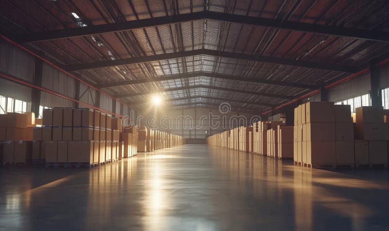 Spacious Warehouse Interior with Stacked Cardboard Boxes and Natural ...