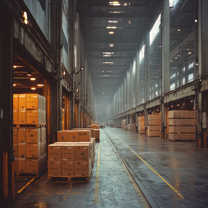 Spacious Warehouse Interior with Stacked Cardboard Boxes, Showcasing ...
