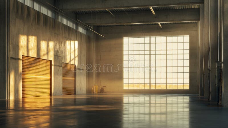 Spacious Warehouse Interior with Sunlight Streaming through Large ...