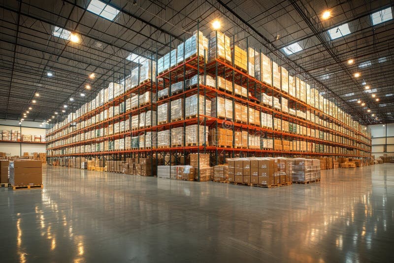 Spacious Warehouse Interior with Towering Storage Shelves, Efficient ...
