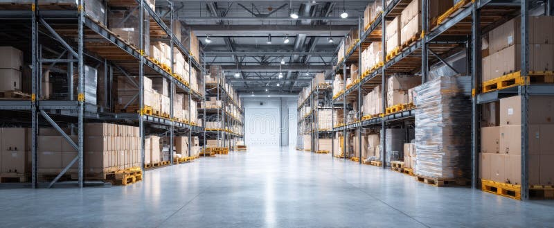 The Spacious Warehouse with Organized Shelves and Stacked Boxes Ready ...