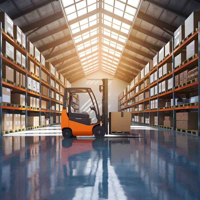 Spacious Warehouse with Organized Shelves, Sunlight through Skylights ...
