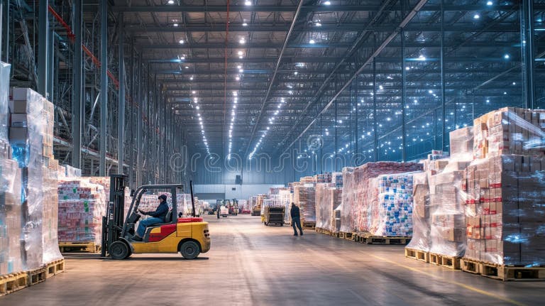 A Spacious Warehouse with Pallets of Goods and a Forklift in Operation Stock Illustration ...