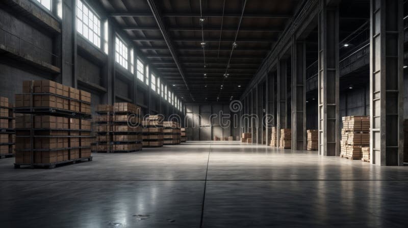 A Spacious Warehouse with Rows of Shelves Holding Stacked Boxes ...