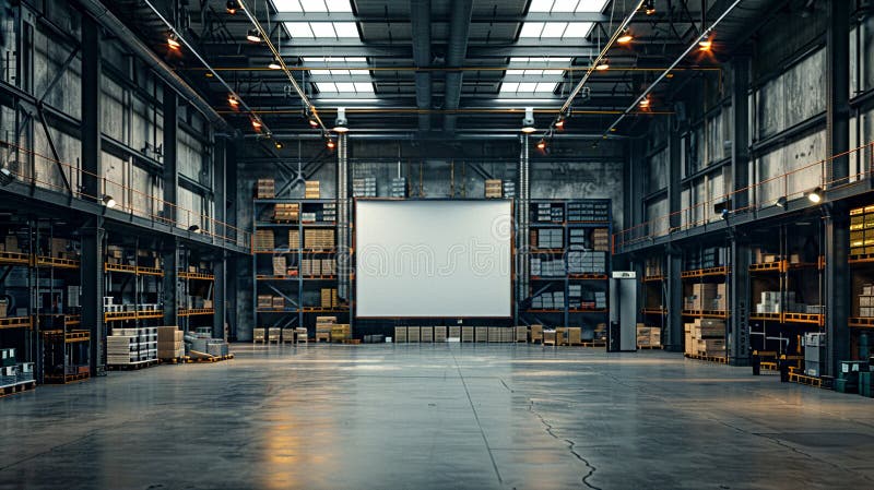 Large Warehouse Interior with a Blank Screen and Organized Storage ...