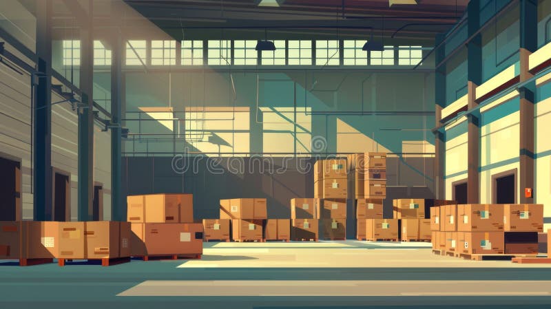 Spacious Warehouse with Stacked Boxes and Sunlight Streaming through ...