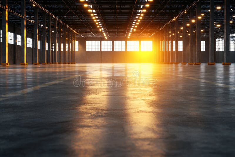 Spacious Warehouse with Sunny Concrete Floor, Illuminated by Warm Light ...