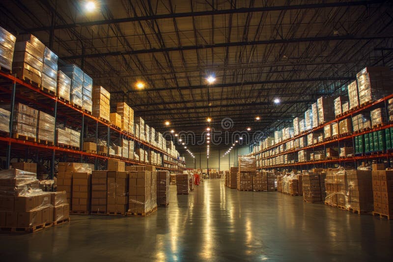 Spacious Warehouse with Towering Shelves, Bright Lights, and Clear ...