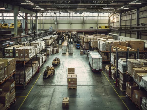 A Spacious Warehouse with Trucks and Forklifts Engaged in Loading and ...