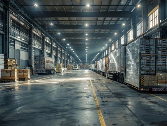 A Spacious Warehouse with Trucks and Forklifts Engaged in Loading and ...