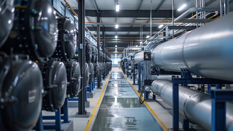 Spacious Water Filtration Plant Interior Featuring Rows of Industrial ...