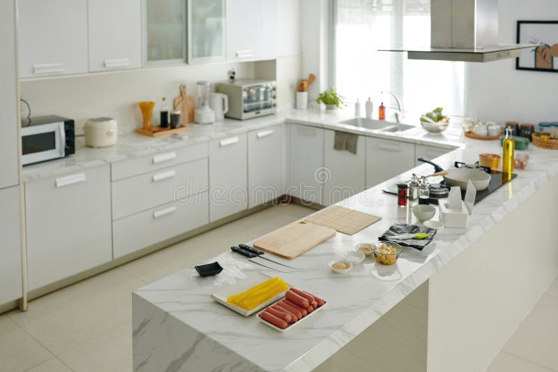 Modern Kitchen with Food at Home Stock Image - Image of cook, white ...