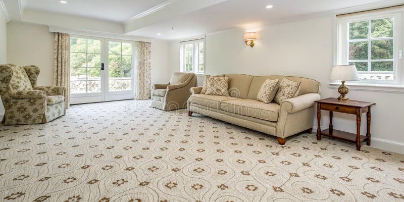 Spacious White Room with Pattern Carpet, Sofa, and Armchair Stock Photo ...
