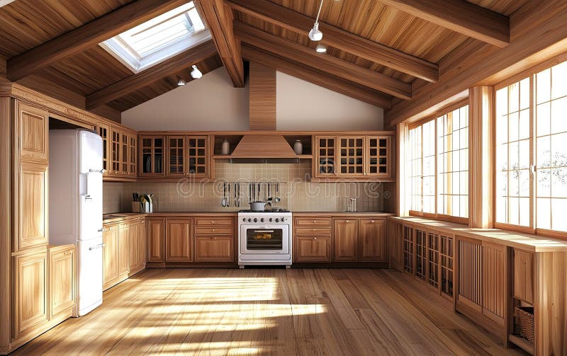 Spacious Wooden Kitchen with Skylights and Modern Appliances in a Cozy ...