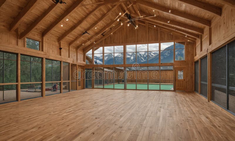 Spacious Wooden Room with High Ceilings, Large Windows, and Panoramic ...