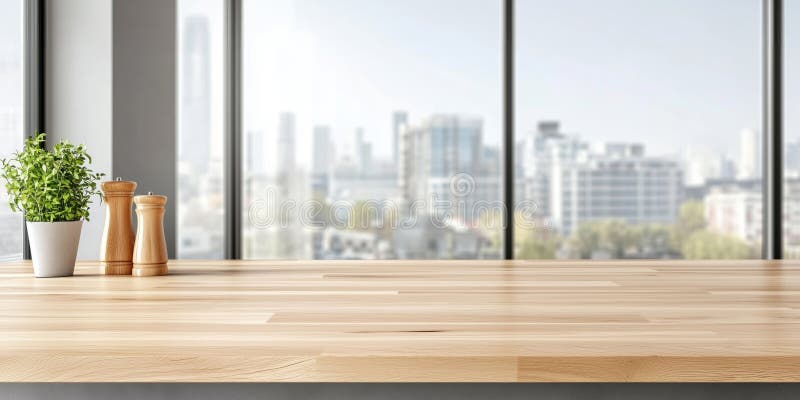 A Spacious Wooden Table in a Modern Kitchen with City View with Empty ...