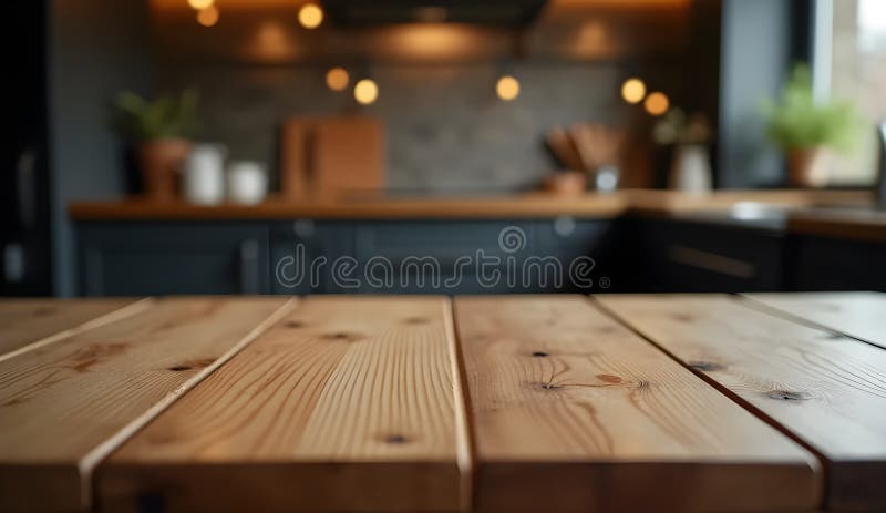 Spacious Wooden Table with Rich Grain Details in Front of Softly ...