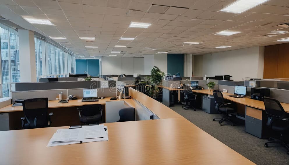 Spacious Working Area of the Office Space with Rows of Desks, Computers ...