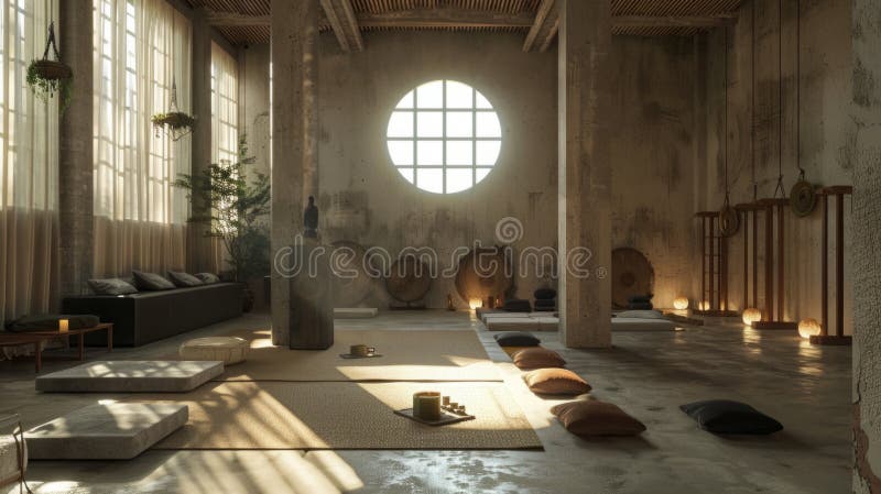 Spacious Zen Room with Round Window and Cushions in a Modern Loft Stock ...