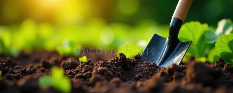 Spade Turning Rich Soil in Lush Vegetable Patch, Spade, Green Stock ...