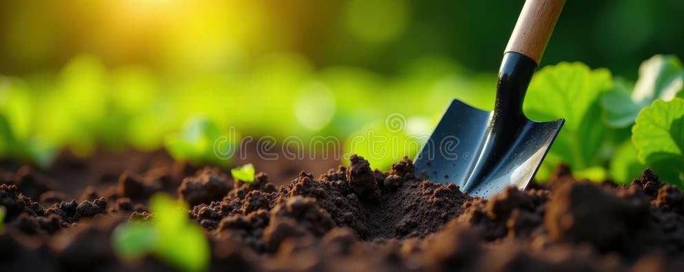 Spade Turning Rich Soil in Lush Vegetable Patch, Spade, Green Stock ...