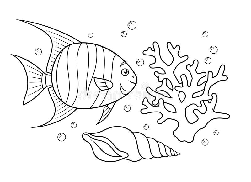 Spadefish with a Coral and a Seashell. Vector Coloring Page. Stock ...