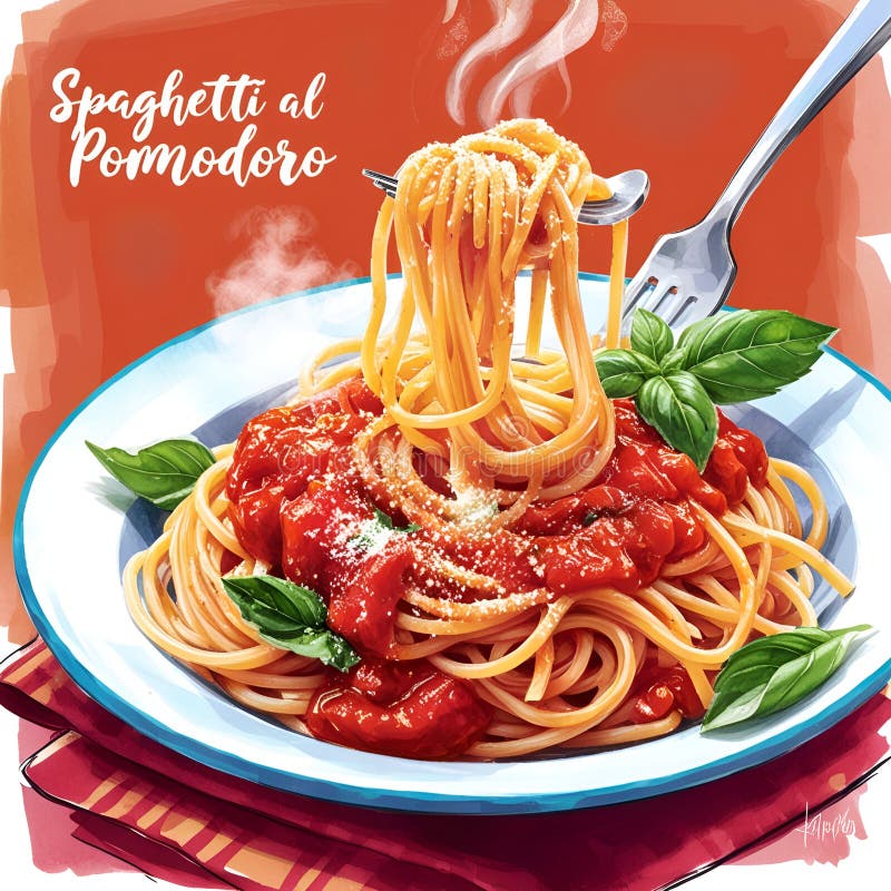 Spaghetti Al Pomodoro Vegetarian Food Stock Illustration - Illustration ...