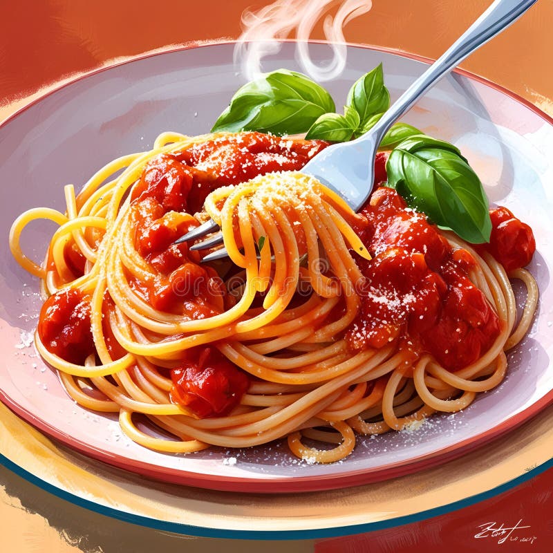 Spaghetti Al Pomodoro Vegetarian Food Stock Illustration - Illustration ...