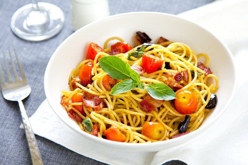 Spaghetti with Bacon and Dried Chilli Stock Photo - Image of healthy ...