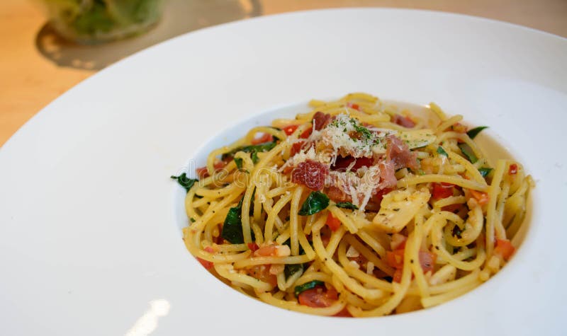 Spaghetti with Bacon,tomato and Chilli Stock Image - Image of italian ...