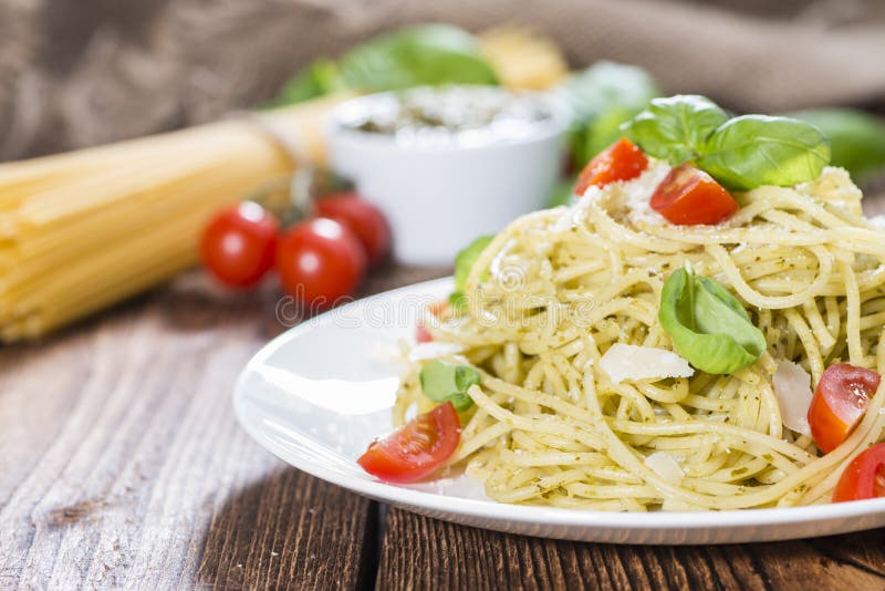 Spaghetti with basil Pesto stock photo. Image of close - 44477682