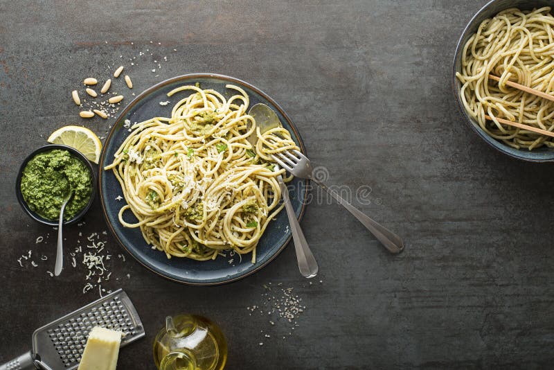 Spaghetti with basil pesto stock photo. Image of cuisine - 246041452