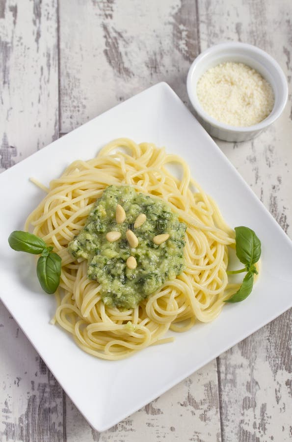 Spaghetti with basil pesto stock photo. Image of pesto - 33216810