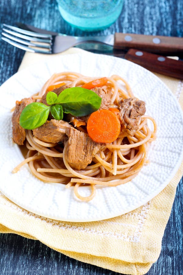 Spaghetti with beef stew stock image. Image of savory - 61263731
