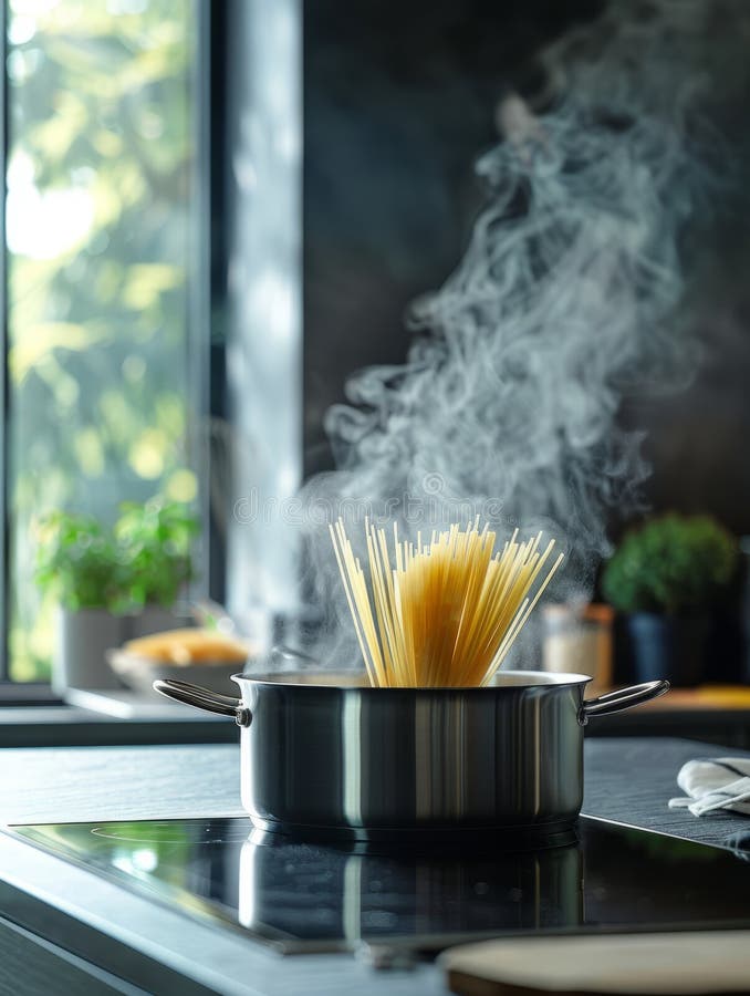 Spaghetti Boiling in a Pot with Steam in a Modern Kitchen. Stock Photo ...