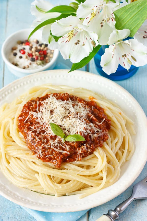 Spaghetti Bolognese, Top View Stock Image - Image of parmesan ...