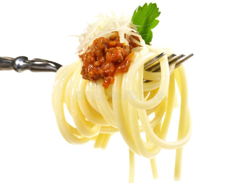 Spaghetti Bolognese with Cheese Fork - Fast Food on White Background ...