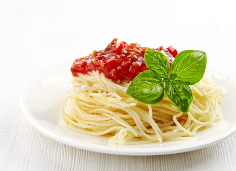 Spaghetti Bolognese and Green Basil Leaf Stock Image - Image of cooked ...