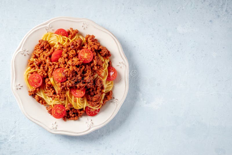 Spaghetti Bolognese Pasta with Cherry Tomatoes, Overhead Flat Lay Shot ...