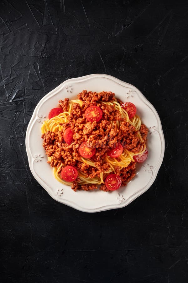 Spaghetti Bolognese Pasta, Top Shot on a Dark Background Stock Image ...