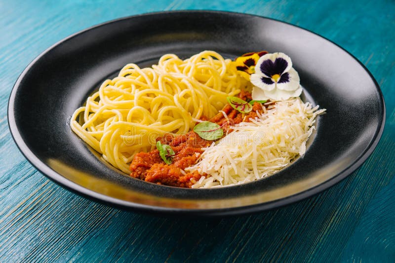 Spaghetti with Bolognese Sauce and Grated Parmesan Cheese Stock Photo ...