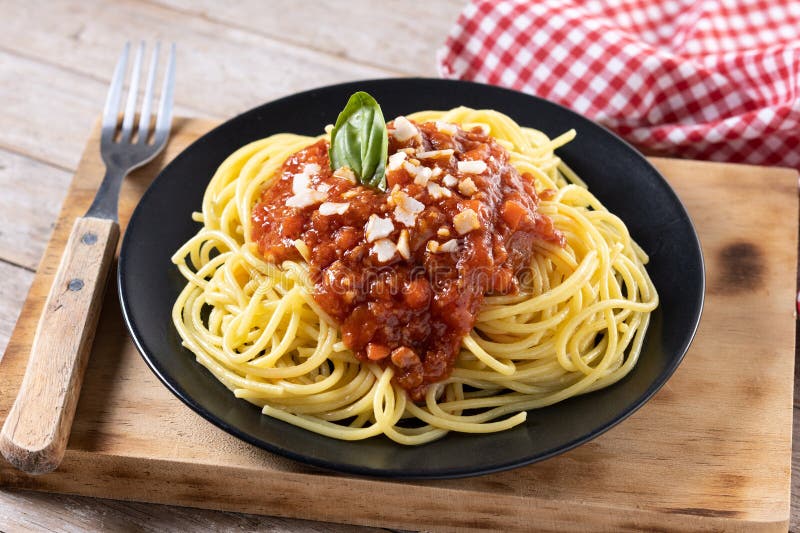 Spaghetti with Bolognese Sauce on Wooden Table Stock Image - Image of ...