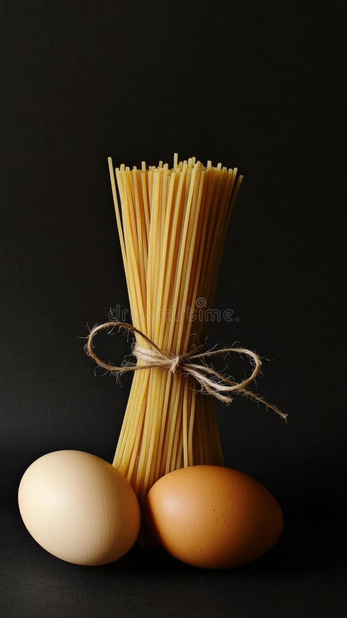 Spaghetti Bundle with Eggs Against a Dark Backdrop Stock Photo - Image ...