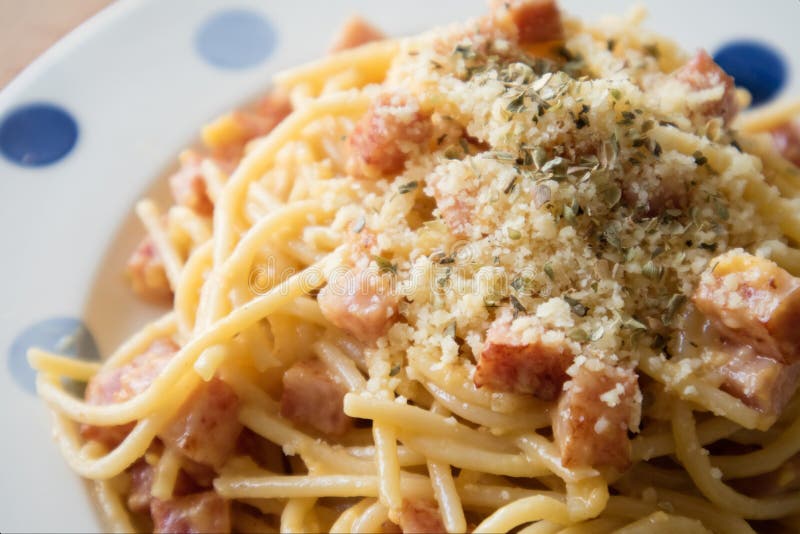 Spaghetti Carbonara with Bacon and Cheese Stock Photo - Image of ...