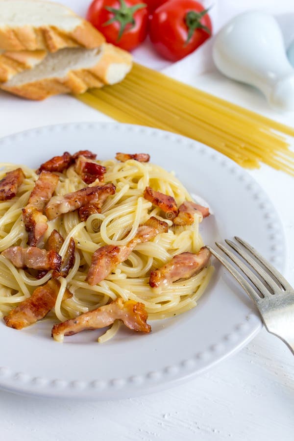 Spaghetti Carbonara With A Bacon Stock Image Image Of Diet Table